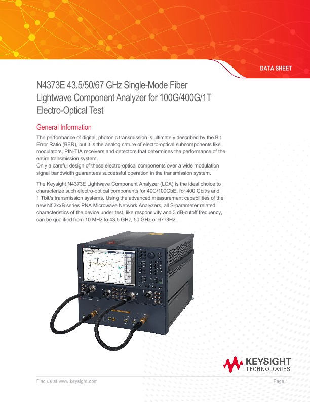 N4373E 43.5/50/67 GHz Single-Mode/Multimode Fiber Lightwave Component Analyzer for 100G/400G/1T ...